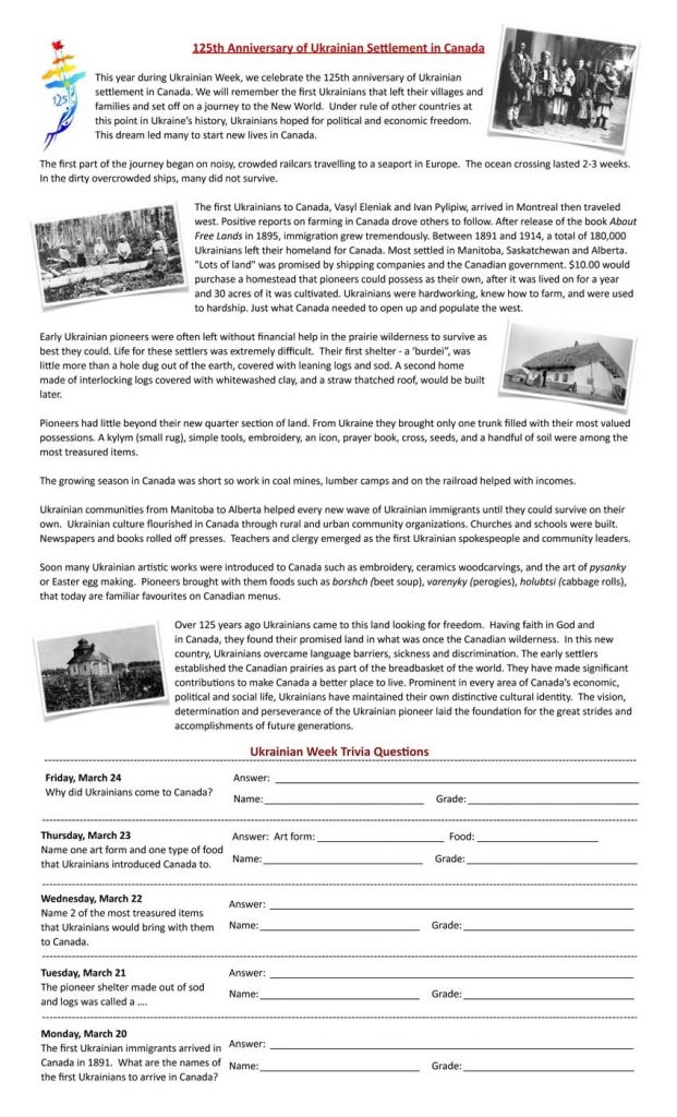 Ukrainian Week Trivia Information Sheet – Immaculate Heart of Mary School